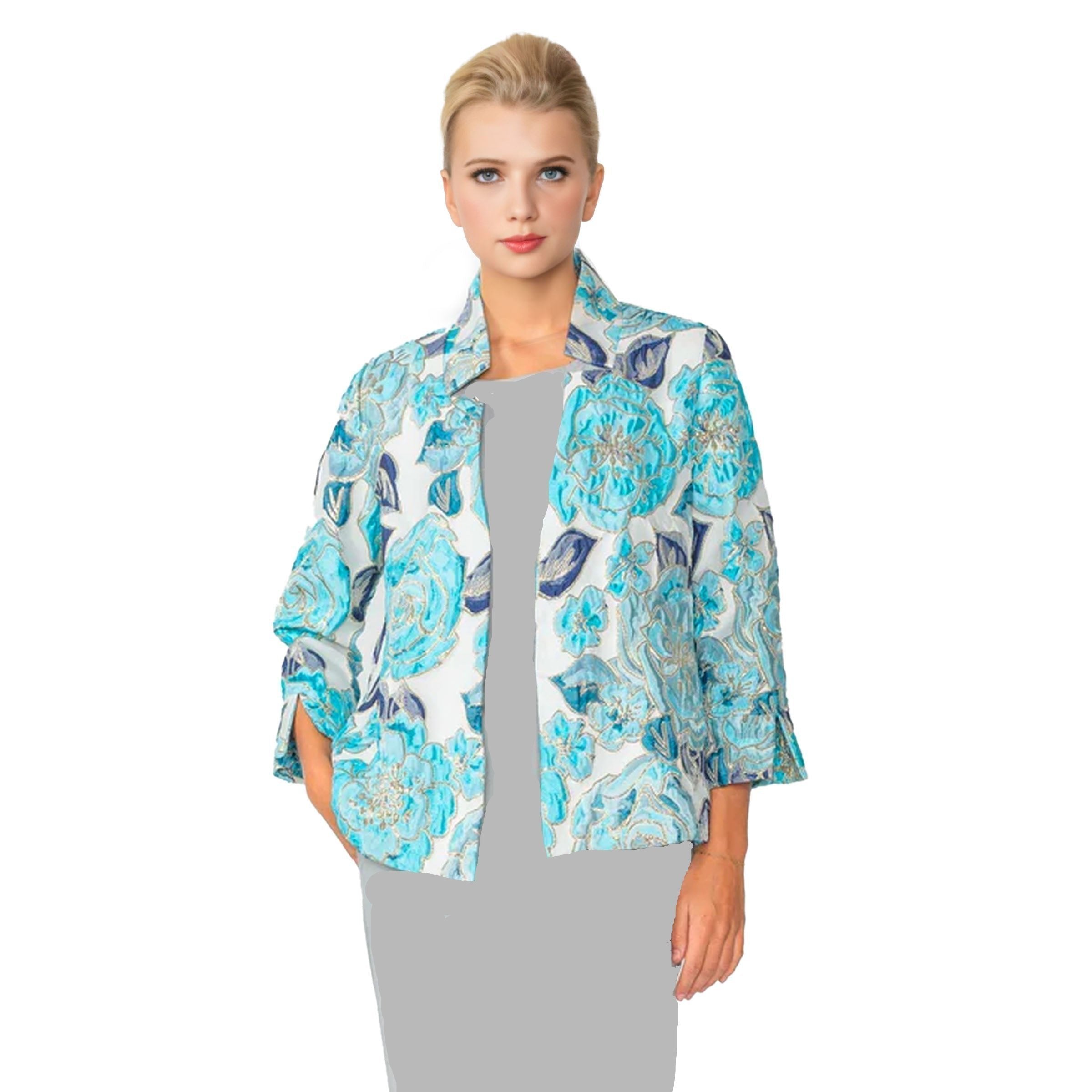 IC Collection Floral Embroidered Open Front Jacket in Blue/Multi - 609 – Shop My Fair Lady