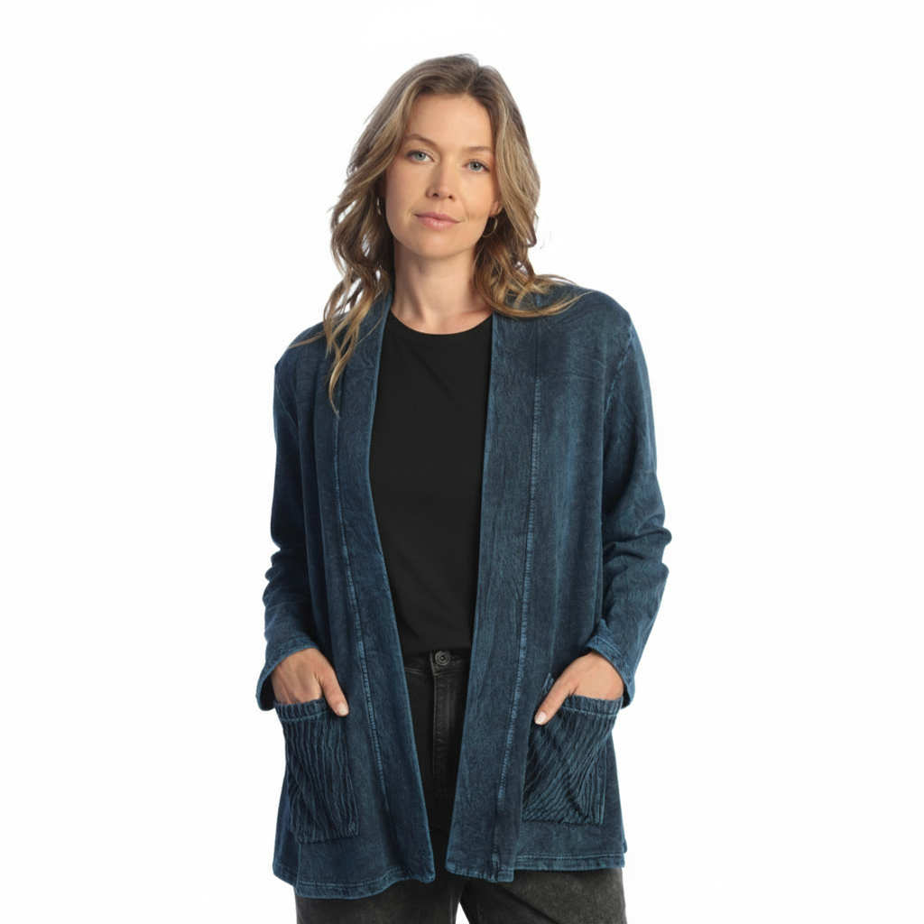 Jess & Jane Mineral Washed Open Cardigan With Contrast Patch Pockets ...